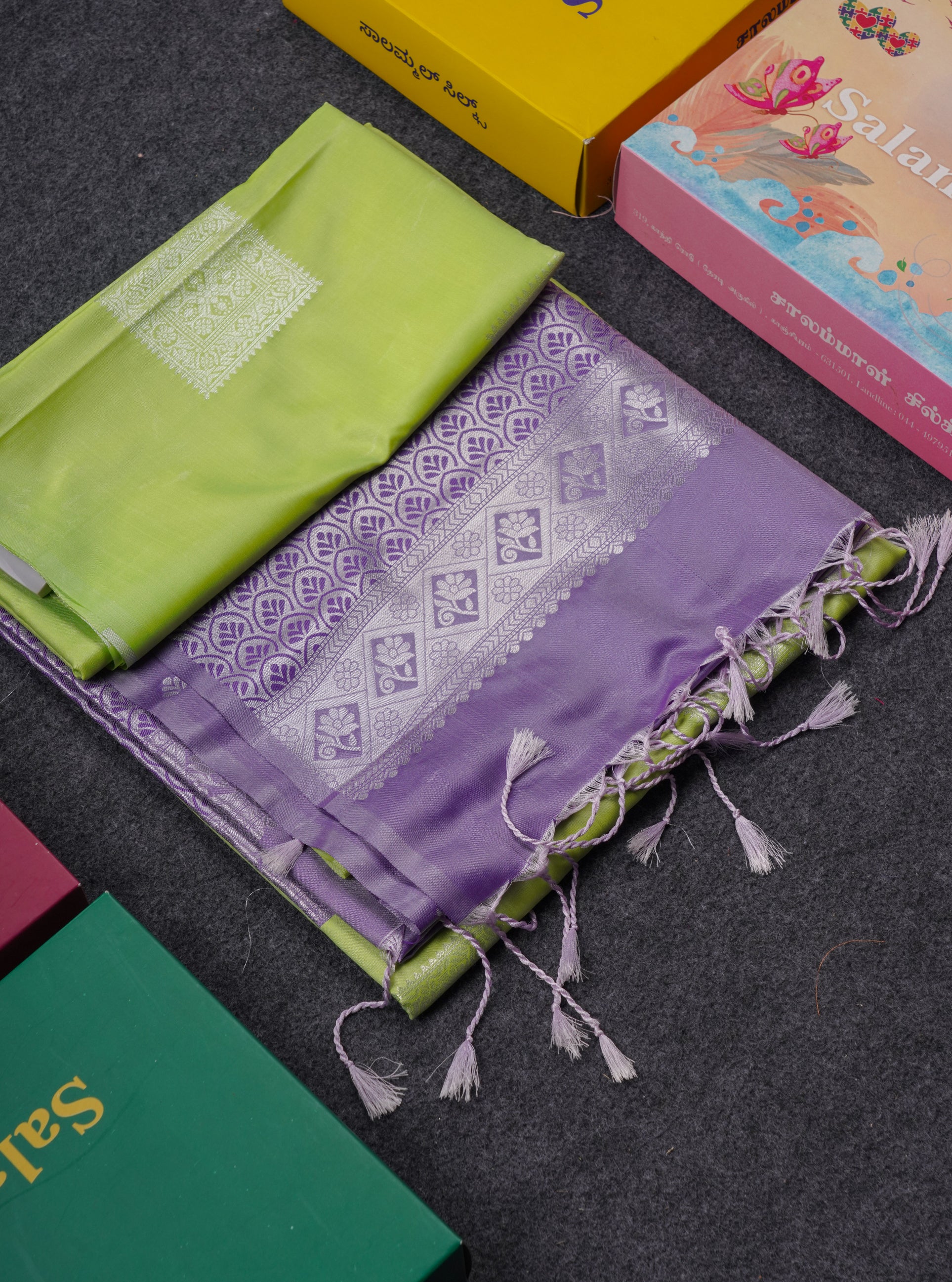 Beautiful Parrot Green Semi Soft Silk Saree With Contrast Lavender Blo ...