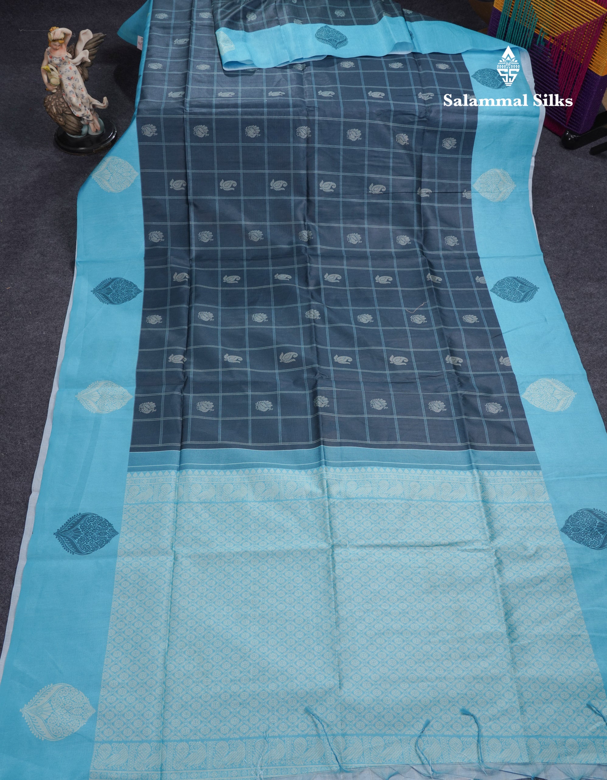 Rama Blue Checks With Butta Semi Tussar Saree With Contrast Sky Blue F ...