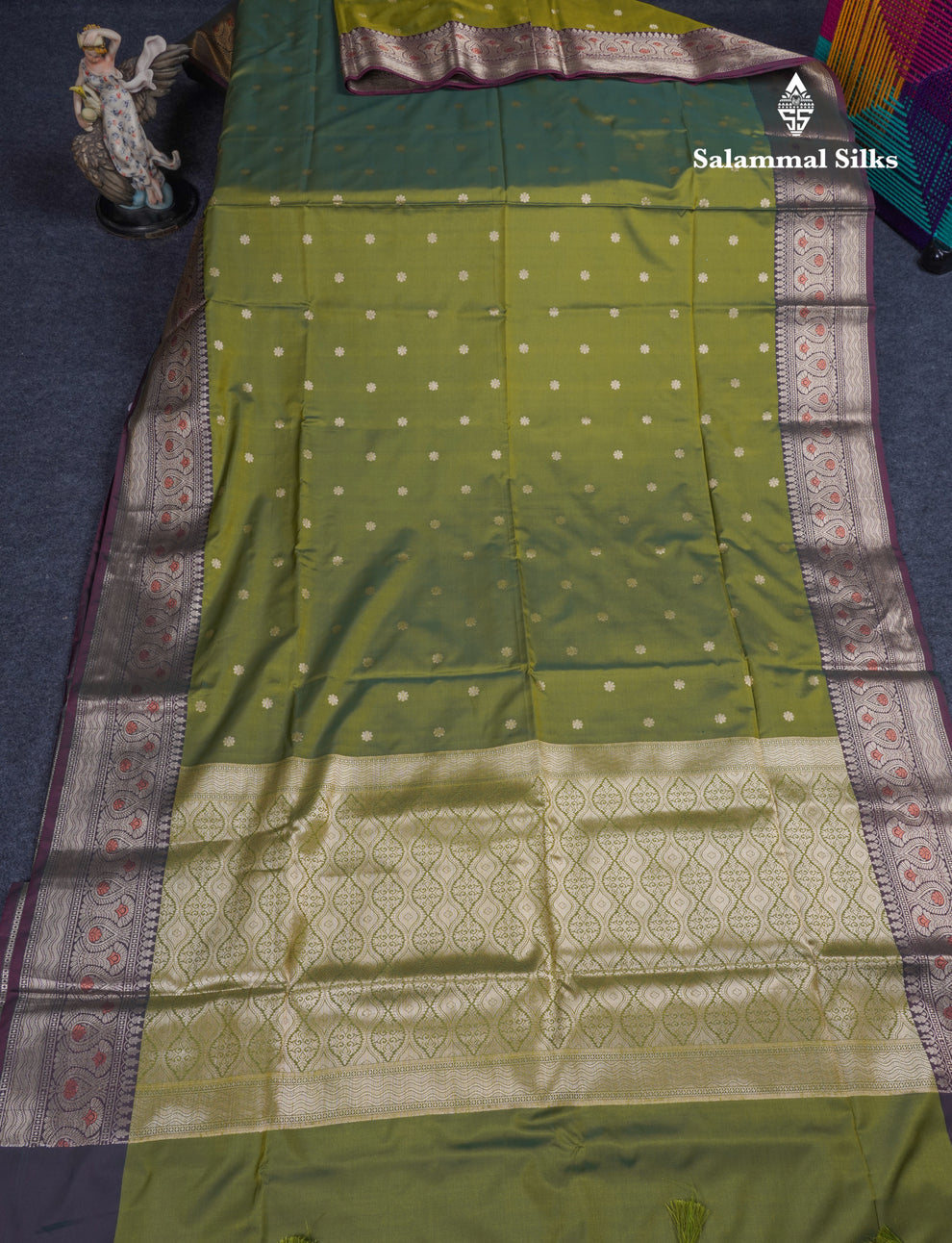 Dual Tone Army Green Fancy Semi Soft Silk Saree With Dark Violet Menak ...